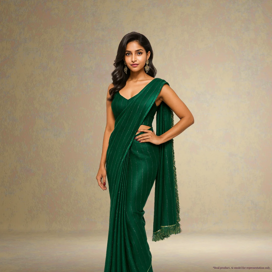 Georgette Festive Drape – Deep Forest Green with Subtle Zari Stripes ...